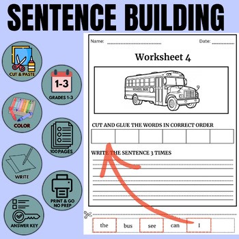 Sentence Building Cut-Paste Phonics Worksheets - CVC, Blends, Digraphs, Silent E