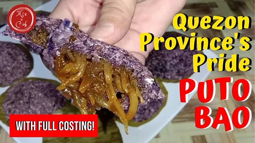 Quezon Province's Pride Puto Bao | Mix N Cook Hello! Today, we're going to make another detailed recipe video for Puto Bao which is a sticky dessert that came from Quezon Province. It also has a nice sweetened coconut filling that adds up to its deliciousness. Let's go! Ingredients: 2 1/2 cups or 272 g glutinous rice flour 1/2 cup or 50 g rice flour 1 1/2 cups or 79 g dessicated coconut 1/2 cup or 100 g packed brown sugar 3 tsp. or 15 ml violet food color 1 1/8 cup or 281 ml water For the Bukayo