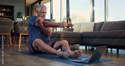 Man, stretching and warm up with laptop, home and workout routine in lounge, pilates and flexibility. Healthy, mature person and exercise preparation on floor, balance and tips on website or tech