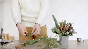 Everything is on the table for the master class. Spruce branches, pruning shears. Spruce balls and wooden stars. Men's hands are cutting a branch. Decoration for Christmas or New Year. Floral workshop