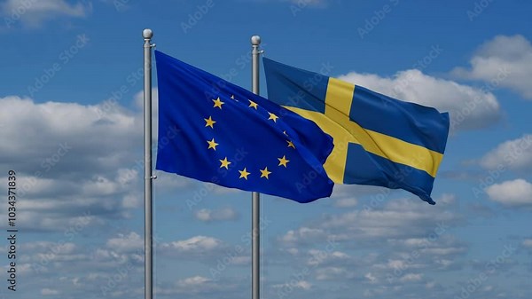 Sweden and European Union flags flying together, video concept of the relationship, two country cooperation concept