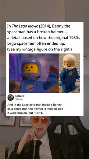 In The Lego Movie (2014), Benny the spaceman has a broken helmet, a detail based on how the original