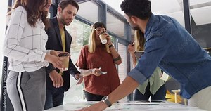 Business people, sticky note and planning in office with brainstorming, discussion and marketing strategy. Teamwork, employees and collaboration in boardroom with communication and documents at work