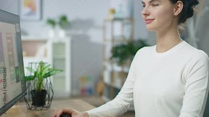 Beautiful Female Software Engineer Works on a UX / UI Mobile App Template, Uses Personal Computer. Freelance Programmer Working from Home. Mock-up App Design.