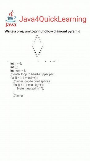 Java4QuickLearning || 200K 🎯 on Instagram: "Program to print hollow diamond pyramid pattern in java || Placement Series || #Java4QuickLearning #java #javaee #btech #freshers #javadeveloper #javaprogramming #springboot #restapi #microservices #fullstackdeveloper #fullstack #developer #code #coding #coder #backbenchers #backend #jobs #itjobs #frontenddeveloper #interviewquestions #javainterviewquestions #reactjs #javascript #angular"