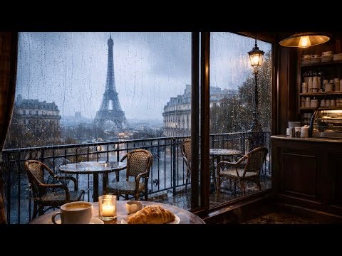Rainy Paris Café Ambience | 1 Hour Rain Sounds Overlooking the Eiffel Tower (4K)