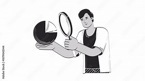 Data analyst magnifying glass doodle outline animation. Indian man with loupe holding chart 4K video motion graphic. Strategy planning statistician animated sketch 2D concept isolated on white