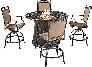 Hanover Fontana 5-Piece Outdoor High-Dining Fire Patio Set, 4 Sling Swivel Counter-Height Chairs and 48" Round Gas Fire Pit Cast Aluminum Table, Brushed Bronze Finish, Rust-Resistant, All-Weather