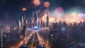 Colorful fireworks explosions on city center; skyscrapers, blocks, houses. A short video of colorful fireworks.