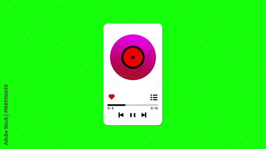 Music player interface animation with album disc and playback controls. Audio streaming screen layout for song listening and media control. Digital music player element application and device