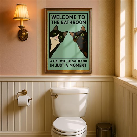 Welcome to the Bathroom Print - Tortishell and Tuxedo Cat - Bathroom Poster - Funny Cat Wall Art - Cat Lovers Gift - Vintage Tortie Cat Art - Etsy