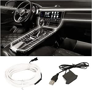 EL Wire Interior Car LED Strip Lights, USB Car Neon Light Strip with Sewing Edge, 16FT Neon Light 5V with Fuse Protection, Electroluminescent Car Indoor Decorations (White)