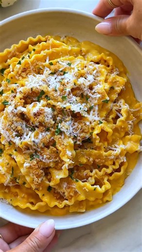 The Pasta Table on Instagram: "✨Brown Butter Garlic Pumpkin Parm Mafaldine✨ A fall favorite! Mafaldine tossed in a creamy brown butter garlic pumpkin parm sauce topped with toasted herby breadcrumbs 🎃🍝 Full recipe at the link in my bio! Ingredients: Brown Butter Pumpkin Parm Mafaldine: - 1/2 lb. mafaldine - 6 tbsp. butter - 6 garlic cloves, minced - 1 cup pumpkin purée - 1/2 cup heavy cream - 1/2 cup Parmigiano Reggiano, grated - 1/2 cup Pangrattato - Salt to taste - Pasta water as needed Pang