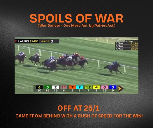 Off at 25/1, Spoils of War kicked into another gear as they neared the stretch ! Congratulations to the connections. WAR DANCER. SIRE STILL ON FIRE 🔥 | War Dancer