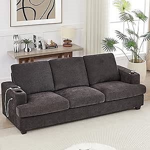 HOSTACK 89" Sofa, Comfy Sofa Couch with Extra Deep Seats, Modern 3 Seater Sofa with USB Charging Ports & 2 Cup Holders, Chenille Upholstered Sofa for Apartment, Living Room, Office, Dark Grey