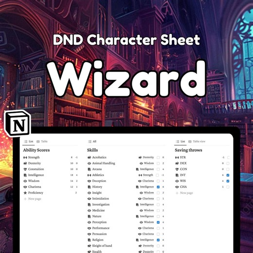 D&D 5e Wizard Character Sheet: Notion Template (PDF Download) - Etsy