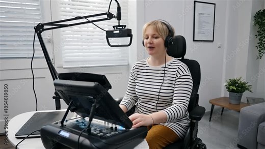 Female Adult in Wheelchair Using Communication Device in Modern Workspace