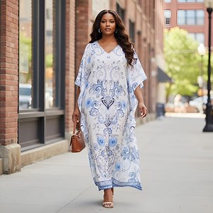 Women's White Floral Caftan Beach Cover Up Full Length Maxi Gown Dresses