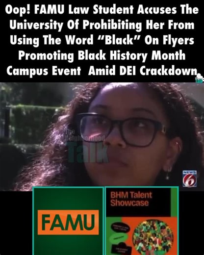The Neighborhood Talk on Instagram: "TNHT Staff: @antoine.hearns —— Neighbors, this is a lot! A Florida A&M University law student is speaking out after claiming that state restrictions on DEI programs are impacting how students celebrate Black History Month. Third year law student, Aaliyah Steward, said she received pushback while promoting events for the Black Law Students Association talent showcase. —- Steward claimed words on their flyers were flagged, including “Black,” “affirmative action