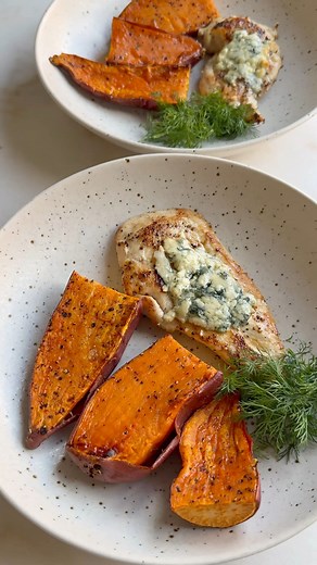 Healthy Dinner: Juicy Blue Cheese Chicken & Baked Sweet Potatoes (high-protein & crazy flavorful) I’m not usually a blue cheese fan, but it’s SO good melted over this chicken.😍 Juicy chicken in under 10 minutes with melty blue cheese and roasted sweet potatoes is such a simple, balanced meal!. High in protein, fiber, and vitamins A C. Grilled Blue Cheese Chicken: Preheat oven to 400°F. Slice chicken breast lengthwise to make it thinner. Season both sides with salt, pepper, and garlic powder. Pa
