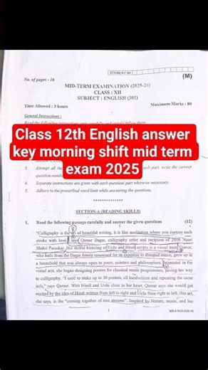 class 12th English answer key morning shift mid term exam2025