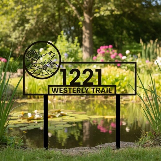 Personalized Garden Address Sign With Frog and Lily, Custom House Number Yard Stake, Outdoor Metal Lawn Plaque, Pond Decor Gift - Etsy