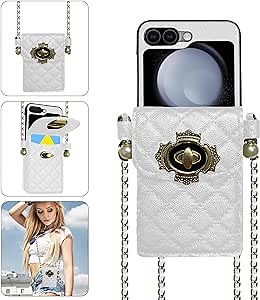 For Galaxy Z Flip 5 Case Wallet with Lanyard Chain,Muti-funtional with Card Holder Hard PC+Leather Z Flip 5 Case,Portable Women Men Crossbody Wallet Bag Shockproof Cover for Samsung Galaxy Z Flip 5 5g
