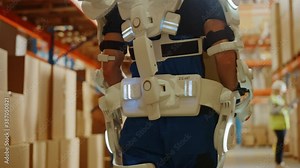 High-Tech Futuristic Warehouse: Worker Wearing Advanced Full Body Powered Exoskeleton, Walks with Heavy Cardboard Box. Delivery Exosuit amplifies Human strength. Close-up Slow Motion Arc Shot