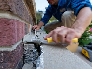 Bricklayer at Work: An expert bricklayer meticulously applies cement, focusing on repairing and restoring the integrity of the property's brickwork with precision and skill.