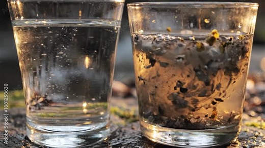 Visual comparison pristine, clear drinking water versus murky, polluted liquid, highlighting environmental water contamination and public health challenges