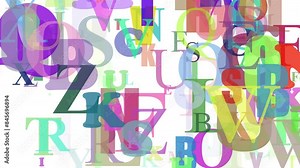 Frame full of letters. Different size and colour letters appear then disappear.