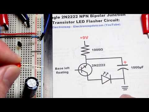 Single 2N2222 NPN bipolar junction transistor BJT LED flasher circuit with diagram again