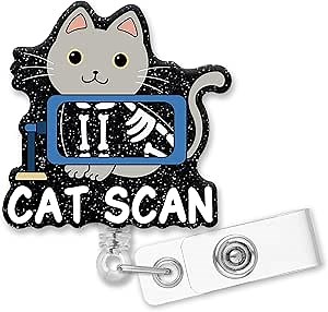Retractable Cat Scan Badge Reel With Alligator Clip, Funny Black Glitter Badge Holder Gift for Doctors, Nurses, CT Scan Technologist, Radiologist, Radiation Tech, Cat Lover