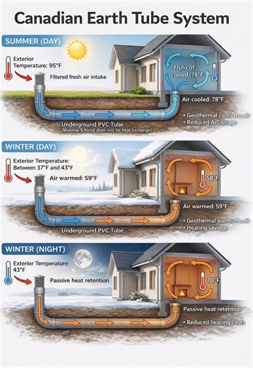🌍 Canadian Earth Tube System Explained 🌍 1️⃣ Fresh outdoor air enters through a vertical intake pipe and passes into underground tubes. 2️⃣ The buried pipes use stable ground temperature to naturally cool air in summer and warm it in winter. 3️⃣ During hot days, warm outside air travels through the cool soil and enters the house at a lower temperature. 4️⃣ In cold weather, chilly air absorbs heat from the ground before reaching indoors. 5️⃣ At night in winter, the system helps retain indoor wa