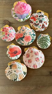 Seashell Ring and Trinket Dishes with Napkins and Mod Podge. #napkindecoupage #seashells #seashellcrafts #crafts #handmadegifts #handmade #ringdishes #modpodge #decoupage #craftshow #craftfair | Handmade Happy Hour with Cathie Filian