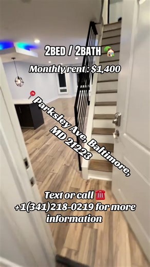 2bed 2bath 🏡 Rent: $1,400 📍 Parksley Ave, Baltimore, MD 21223 All utilities included Parking available. Pet friendly Text/ call 1(341) 218-0219 for more details. A beautiful newly renovated 2bedroom 2 bath townhouse in a quiet and welcoming neighborhood. The house features 2 bedrooms & 1 bath on the second floor, updated kitchen and living room on the main level, and a spacious master suite bedroom and bathroom, walk in closet, laundry and additional storage room on the basement level. Pet fri