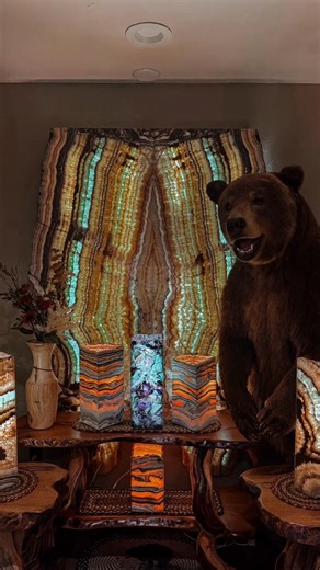 Light dances through stone, wood tells its story. 🌿 Every piece at Rustic Timbers is a reminder that nature is the greatest designer of all. #RusticLiving #RusticTimbers #RusticLuxury #OnyxGlow #HomeInspiration | Rustic Timbers Furniture Co