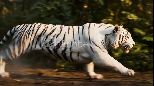 Footage of a white tiger running in a dense lush green jungle