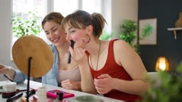 Girlfriends doing make-up at home.