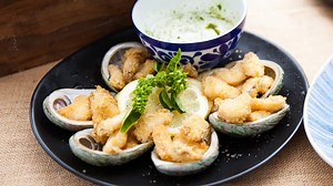 Crispy coconut abalone with yoghurt herb dip