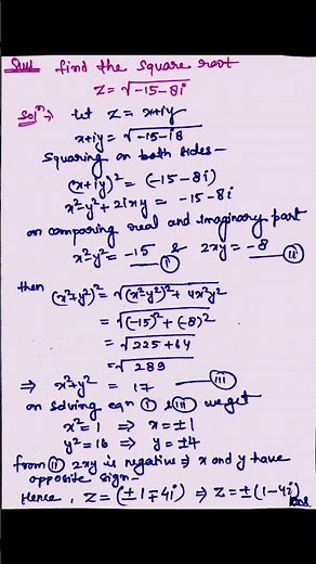 complex numbers class 11 | find square root z = √(-15-8i) then z = ? #class11