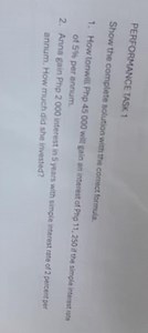 PERFORMANCE TASK 1 Show the complete solution with the correct formula.