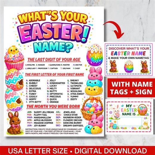 What’s Your Easter Name Game With Nametags & Sign,easter Egg Hunt Game,spring Classroom Activity,easter Name Generator Games for Preschool - Etsy Canada