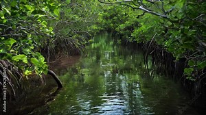 A narrow stream meanders through a dense forest, flanked by lush green trees and vegetation. The close-knit foliage creates an almost jungle-like atmosphere.