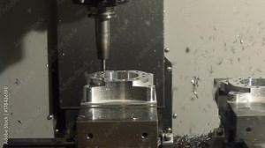 High precision CNC metal cutting milling machine working. View through wet window