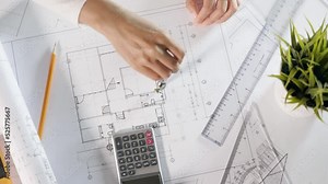 Architectural project workplace. Architect drawing with divider compass on house plan blueprint paper for repair tools on table desk at architecture office, Engineer sketching construction project