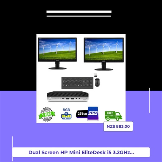 Double trouble? More like double the productivity! 💼💥 Introducing the Dual Screen HP Mini EliteDesk: powered by an i5 3.2GHz processor, 8GB DDR4 RAM, and a speedy 240GB SSD. Experience seamless multitasking like never before with two stunning 23-inch LCD screens that transform your workspace into an efficient hub of creativity and focus. Perfect for home, office, or gaming adventures, this powerhouse blends performance with style. It’s time to level up your daily routine! 🚀✨ Snag this unbeata