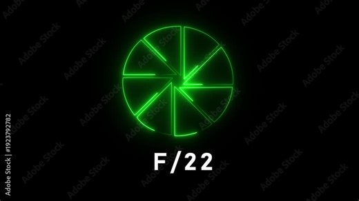 Camera lens neon F/22 icon .Aperture f stop values for camera lens settings 4k video.