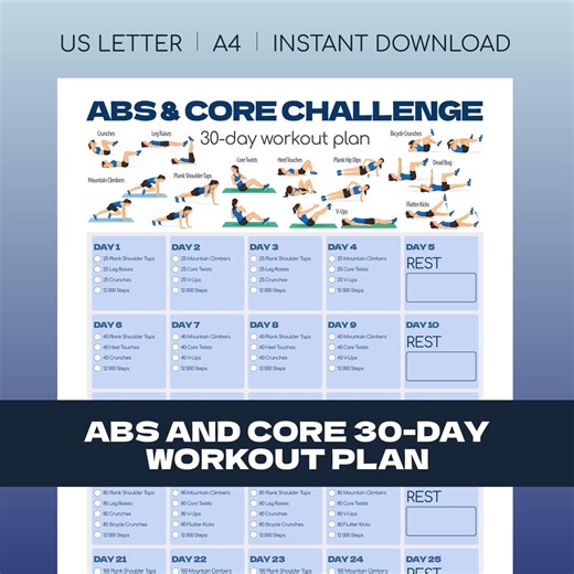 Abs and Core 30 Day Workout, Home Workout Plan, Core Exercises, Ab Challenge, Printable Workout Chart PDF, Core Strength Plan - Etsy Canada