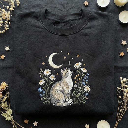 Embroidered Calico Cat in Meadow Sweatshirt, Wildflower Moon Hoodie, Floral Feline Apparel, Celestial Garden Shirt, Cat Mom Gift Idea - Etsy